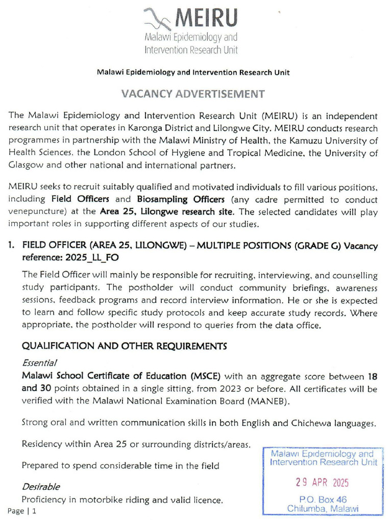 MEIRU Advert-Field Officers & Bio Officers-LL-April2025 | PDF