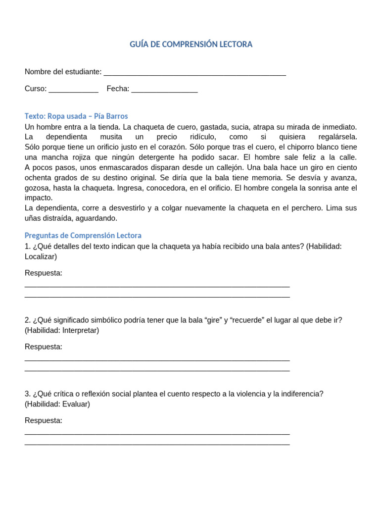 Comprensión Lectora: Ropa Usada | PDF | Comprensión lectora | Cognición