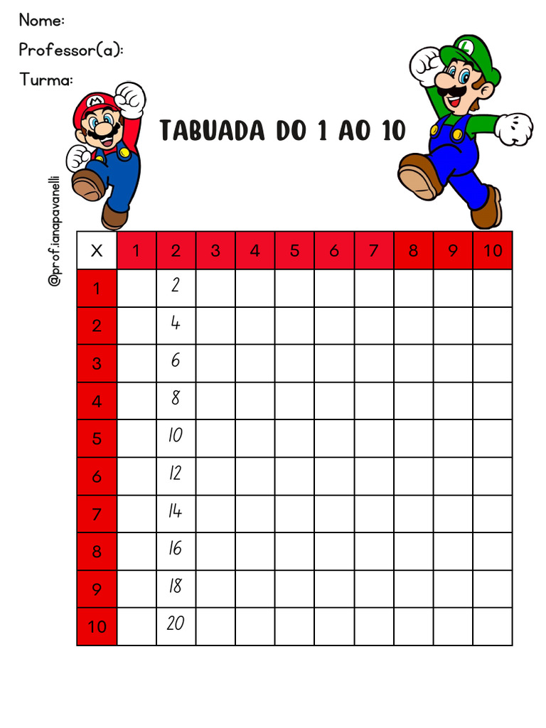 Tabuada Do 1 Ao 10 para Completar Mario | PDF