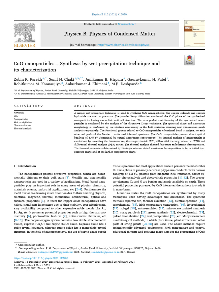 CuO Nanoparticles - Synthesis by Wet Precipitation Technique and | PDF ...
