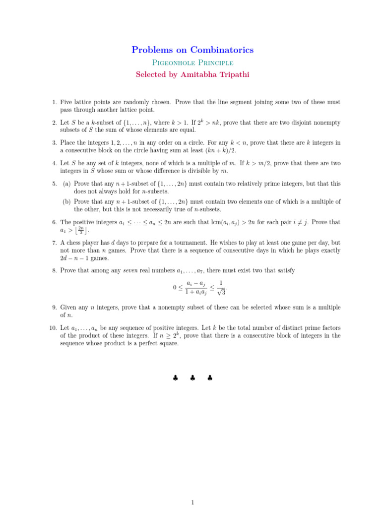 Problem Sheet 2 - Pigeonhole Principle | PDF