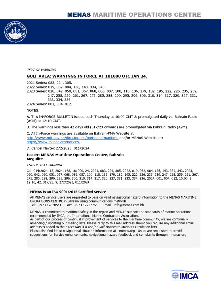 Navtex 014.2024 Gulf Area Warnings in Force at 181000 Utc Jan 24 | PDF