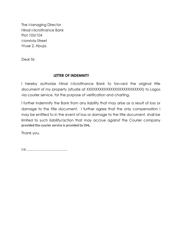 Indemnity Letter Ver2 | PDF