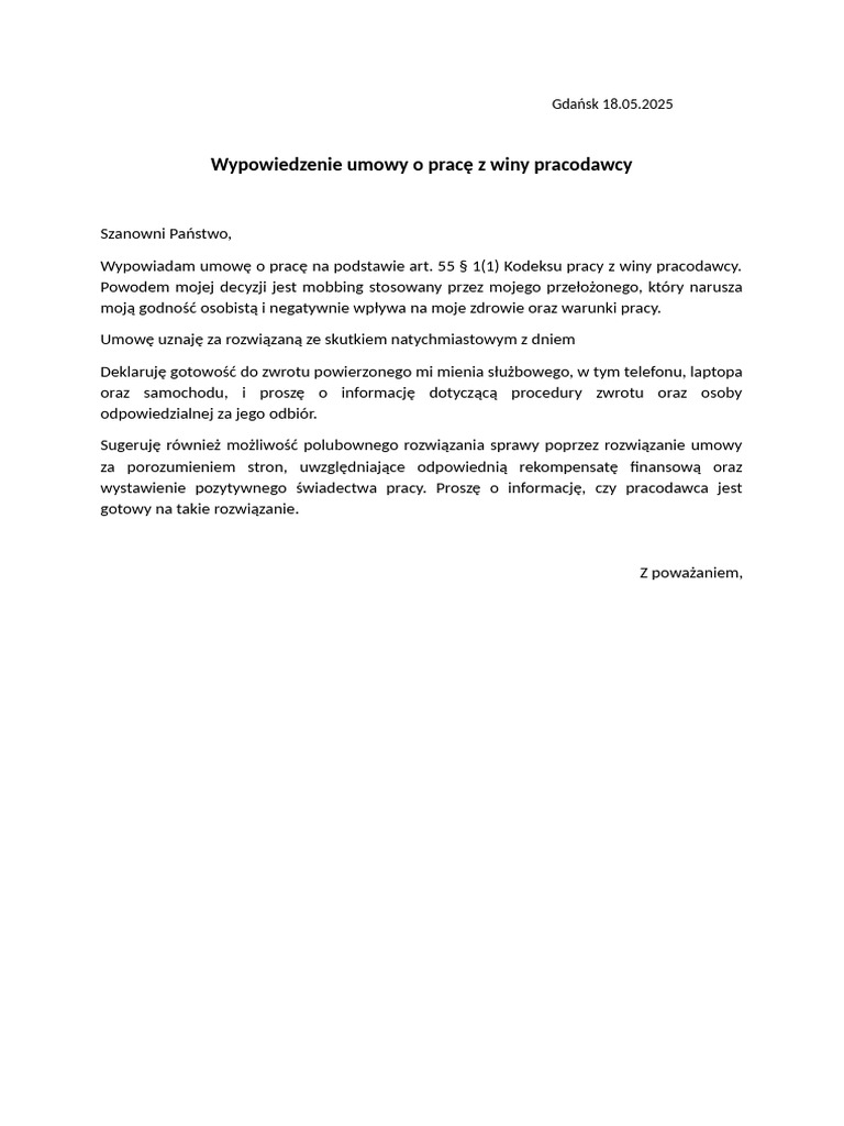 Wypowiedzenie Umowy | PDF