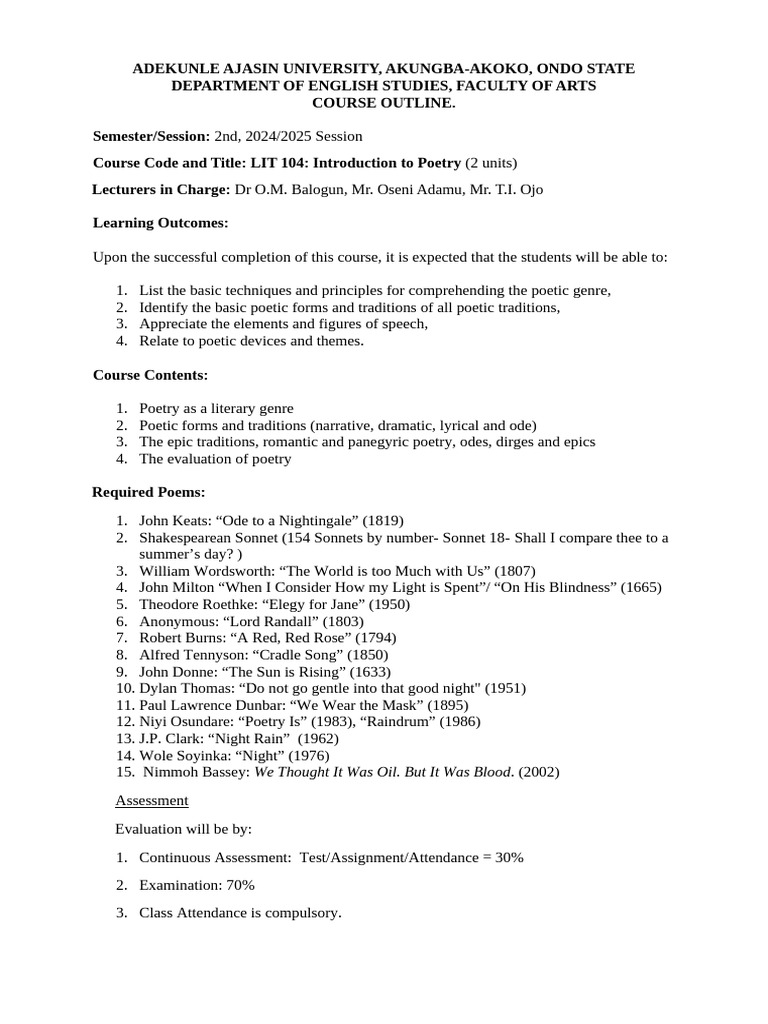 Course Outline LIT 104 2025 | PDF | Poetry | Phonaesthetics