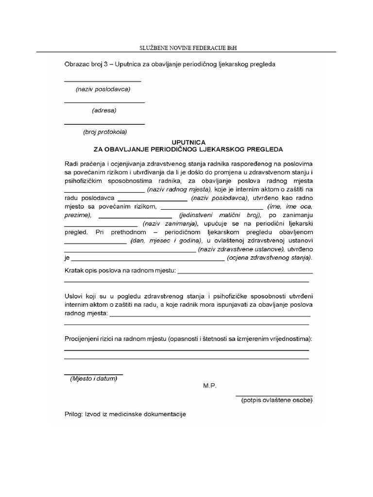 Obrazac Broj 3 Uputnica Za Obavljanje Periodicnih Ljekarskih Pregleda | PDF