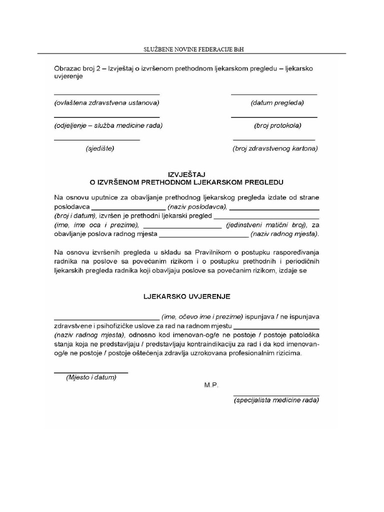 Obrazac Broj 2 Izvjestaj o Izvrsenom Prethodnom Ljekarskom Pregledu Ljekarsko Uvjerenje | PDF