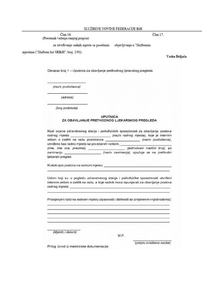 Obrazac Broj 1 Uputnica Za Obavljanje Prethodnih Ljekarskih Pregleda | PDF