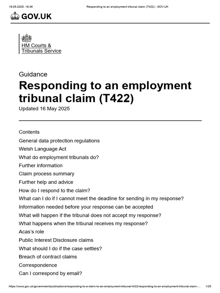 Responding To An Employment Tribunal Claim (T422) - GOV - UK | PDF ...