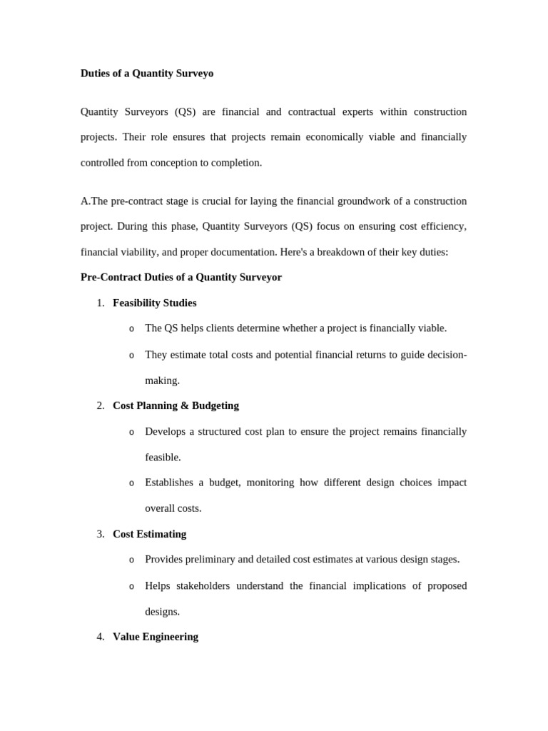 Quantity Surveyor Duties and Relationships | PDF | General Contractor ...