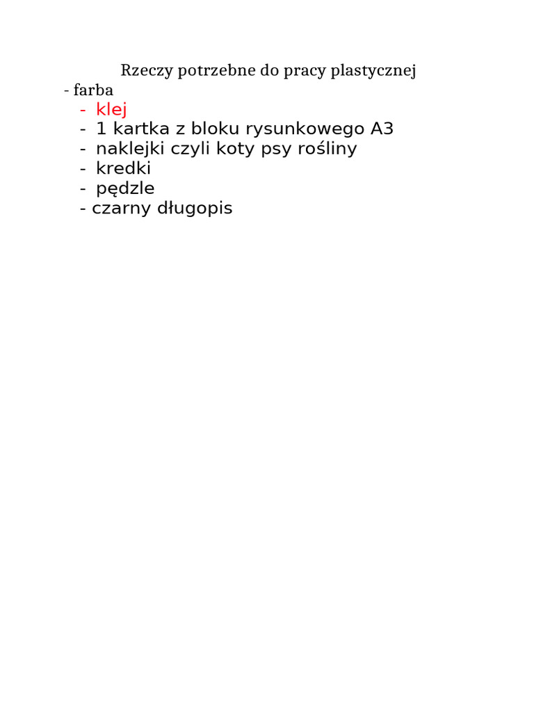 Rzeczy Potrzebne Do Pracy Plastycznej | PDF