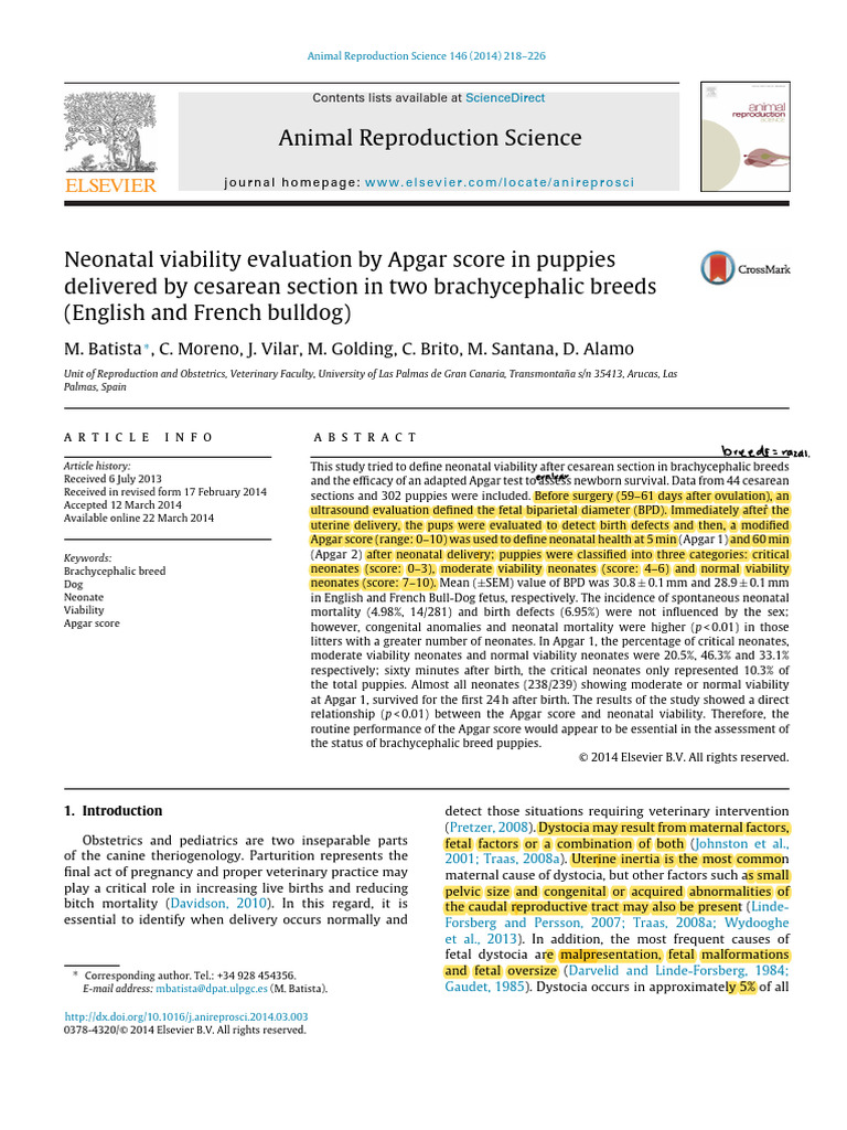 Neonatal Viability Evaluation by Apgar Score in Puppies Delivered by ...