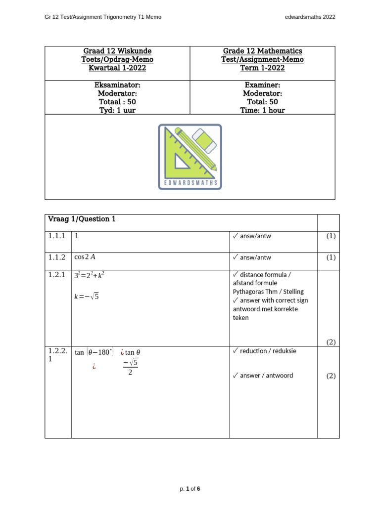 Grade 12 Trigonometry Test Memo T1 | PDF | Mathematical Objects ...