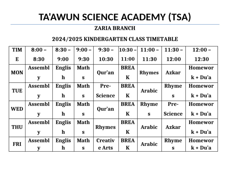 TSA Kindergarten Timetable | PDF