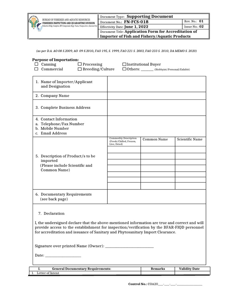 FN FCS 018 Application Form For Accreditation As Importer Under FAO 195 ...