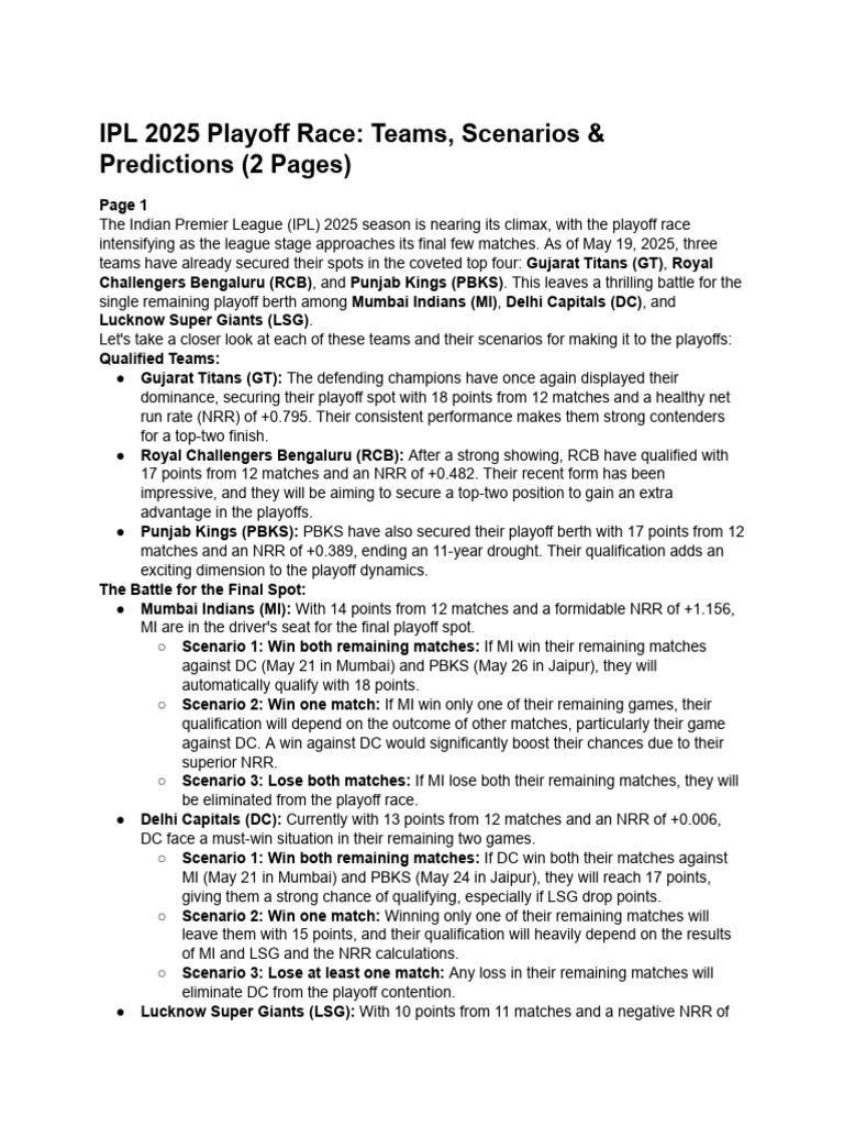 IPL 2025 Playoff Race - Teams, Scenarios & Predict... | PDF | Sports ...