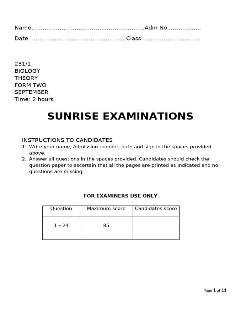 231 Form 2 End Term 1 Exams BIOLOGY Questions | PDF | Biology | Cell ...