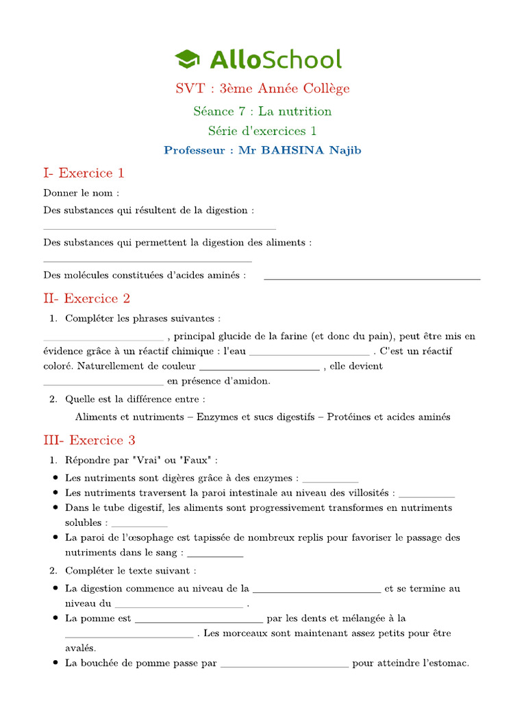 Seance 7 La Nutrition Serie D Exercices 1 | PDF