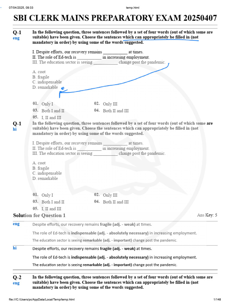 1qa - Sbi CL Mains Preparatory Exam 20250407 | PDF | Grammatical Number | English Language