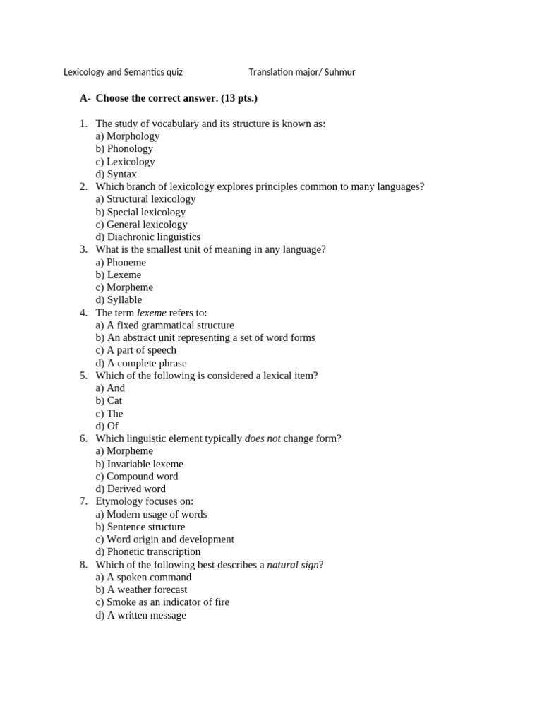 Lexicology and Semantics Quiz for Students | PDF | Word | Lexicology
