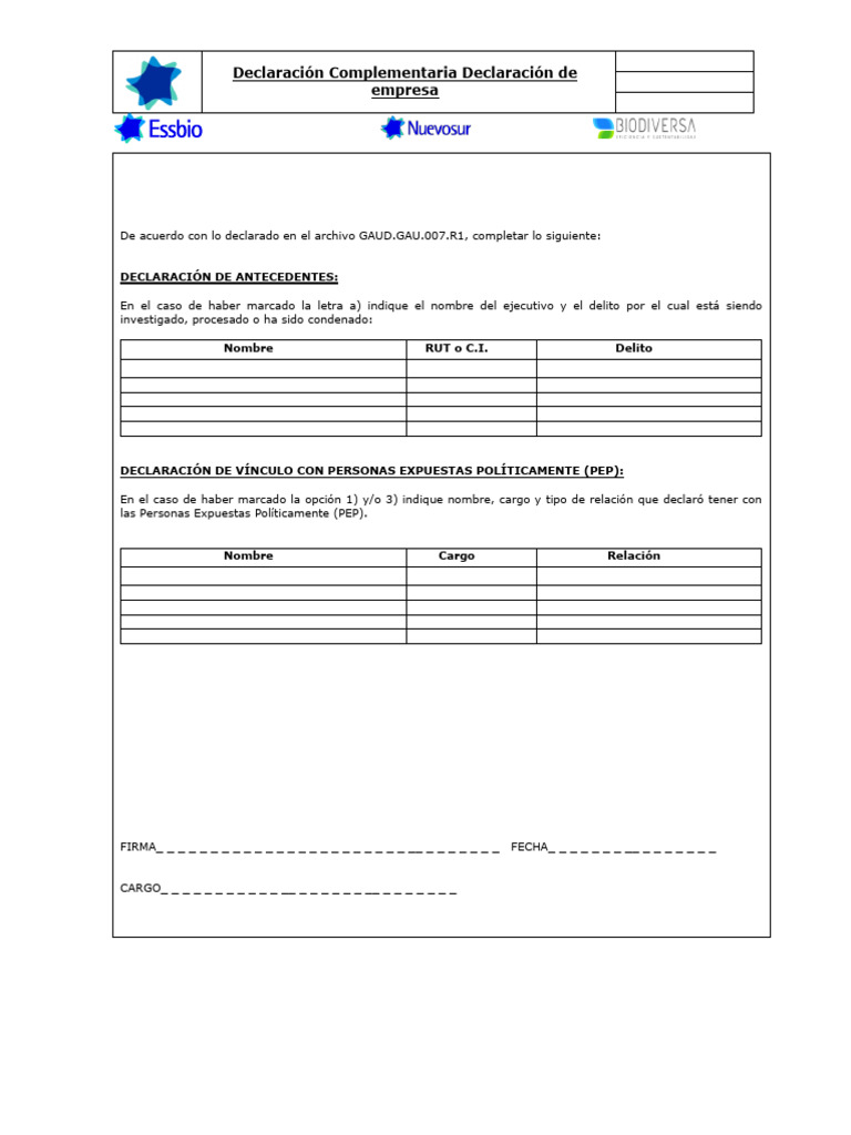 9 .Gaud - Gau.007.r3 Declaración Complementaria Declaración Empresa (No Considerar) | PDF