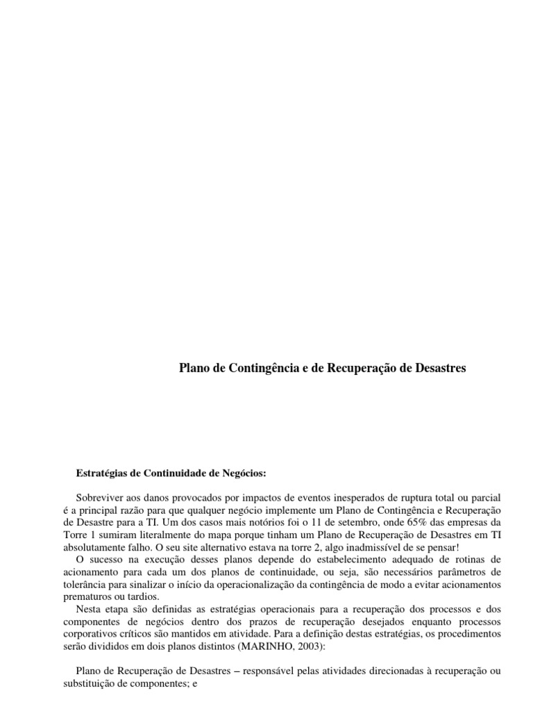 Plano de Contingência e de Recuperação de Desastres | PDF | Recuperação ...