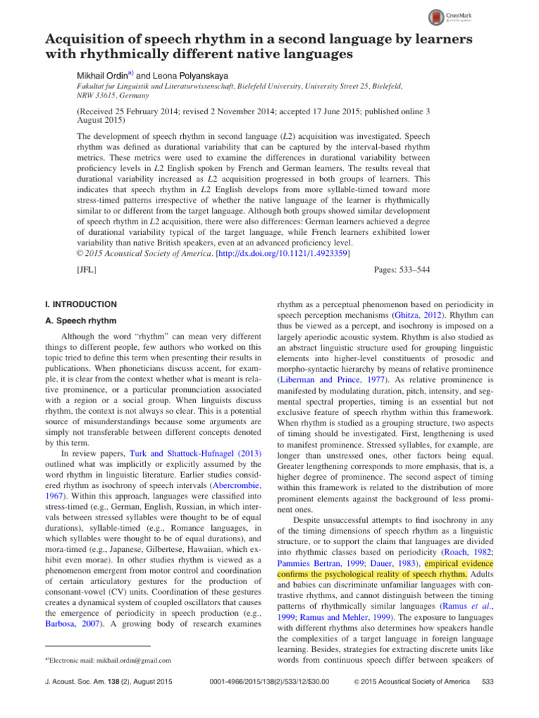 Acquisition of Speech Rhythm in A Second Language by Learners With ...
