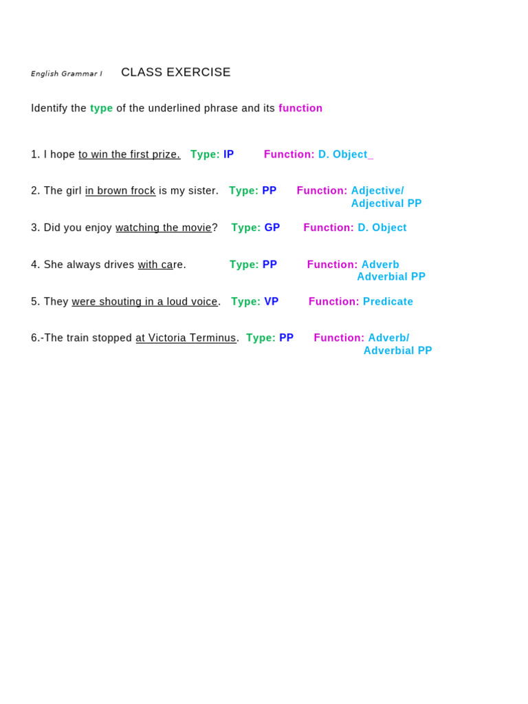 3.1 KEY Class Exercise Identify Type of Phrase & Function | PDF