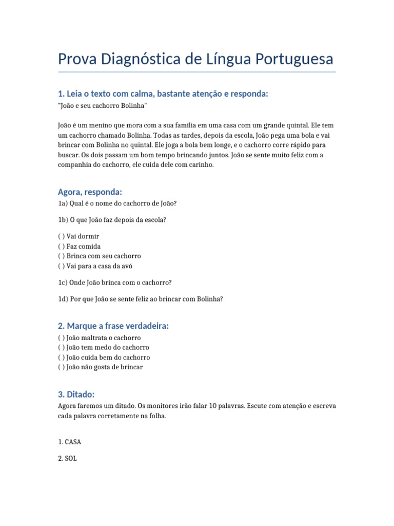 Prova Diagnostica Portugues Corrigida | PDF