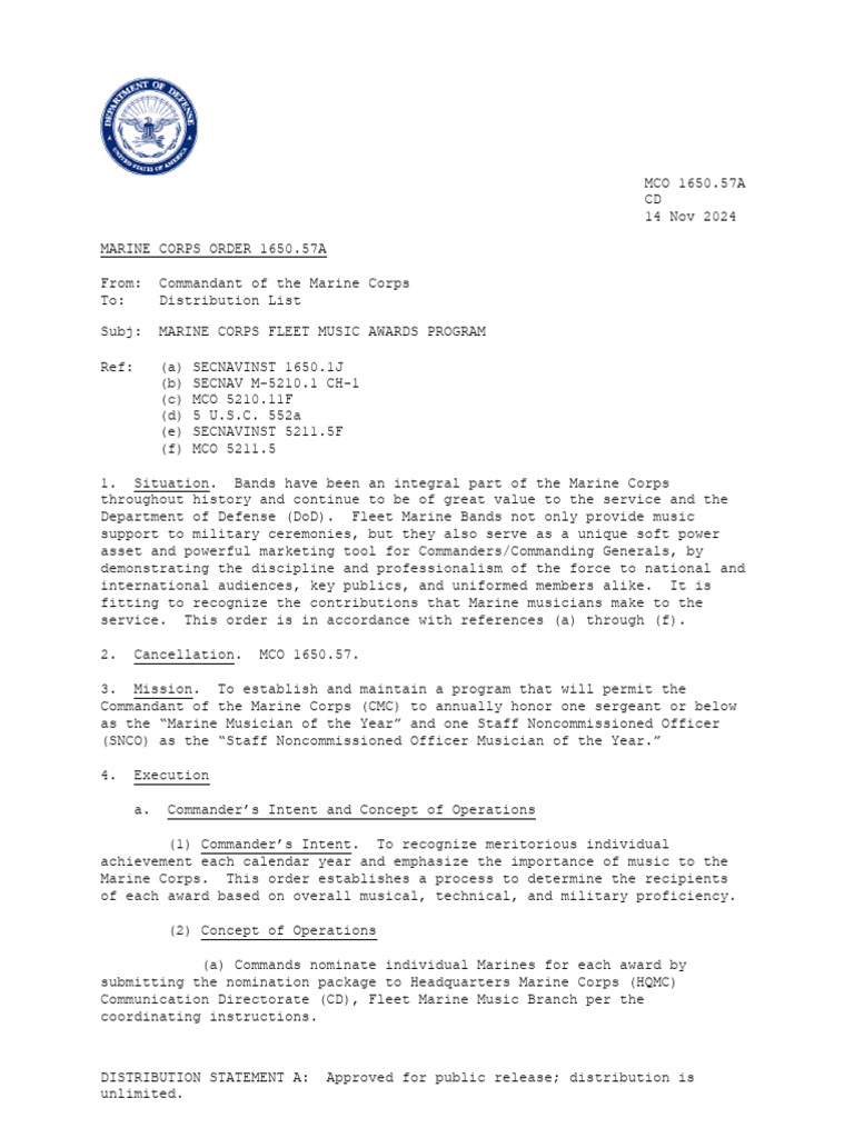 Mco 1650.57a | PDF | United States Marine Corps | Non Commissioned Officer