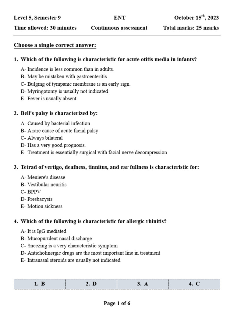 ENT Continuous Assessment Questions | PDF | Human Nose | Larynx