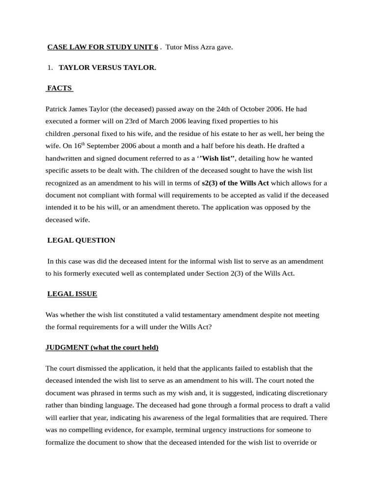 Case Law Analysis: Wills Act Amendments | PDF | Will And Testament ...