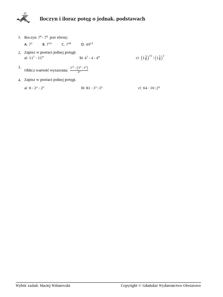 Iloczyn I Iloraz PotÄ - G o Jednakowych Podstawach | PDF