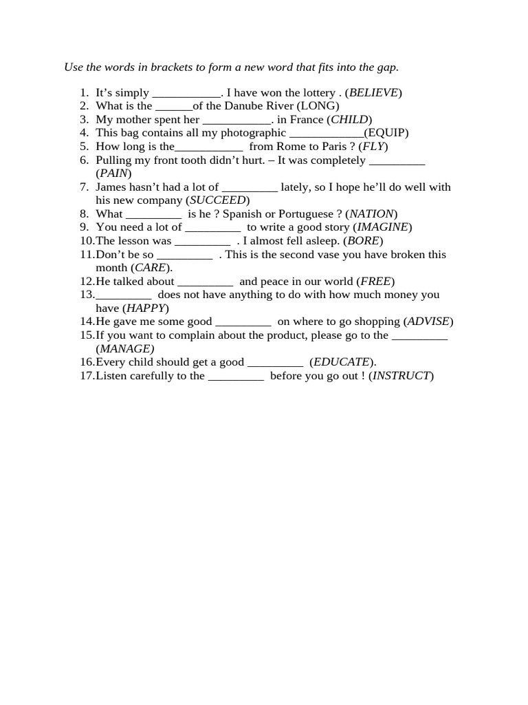 A2 Word Formation Exercises | PDF