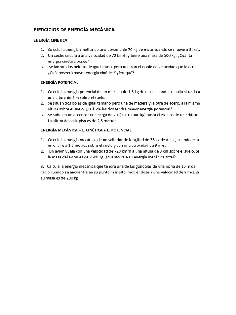 Ejercicios de Energía Mecánica para Secundaria | PDF