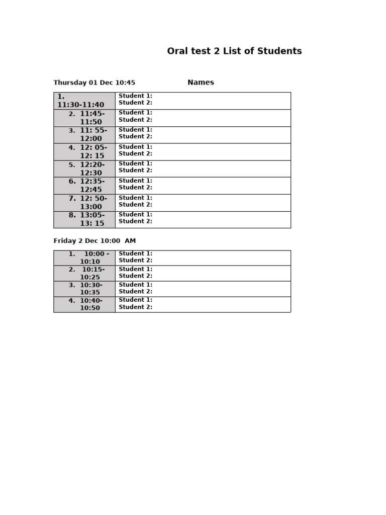 Oral Test 2 Student Schedule | PDF