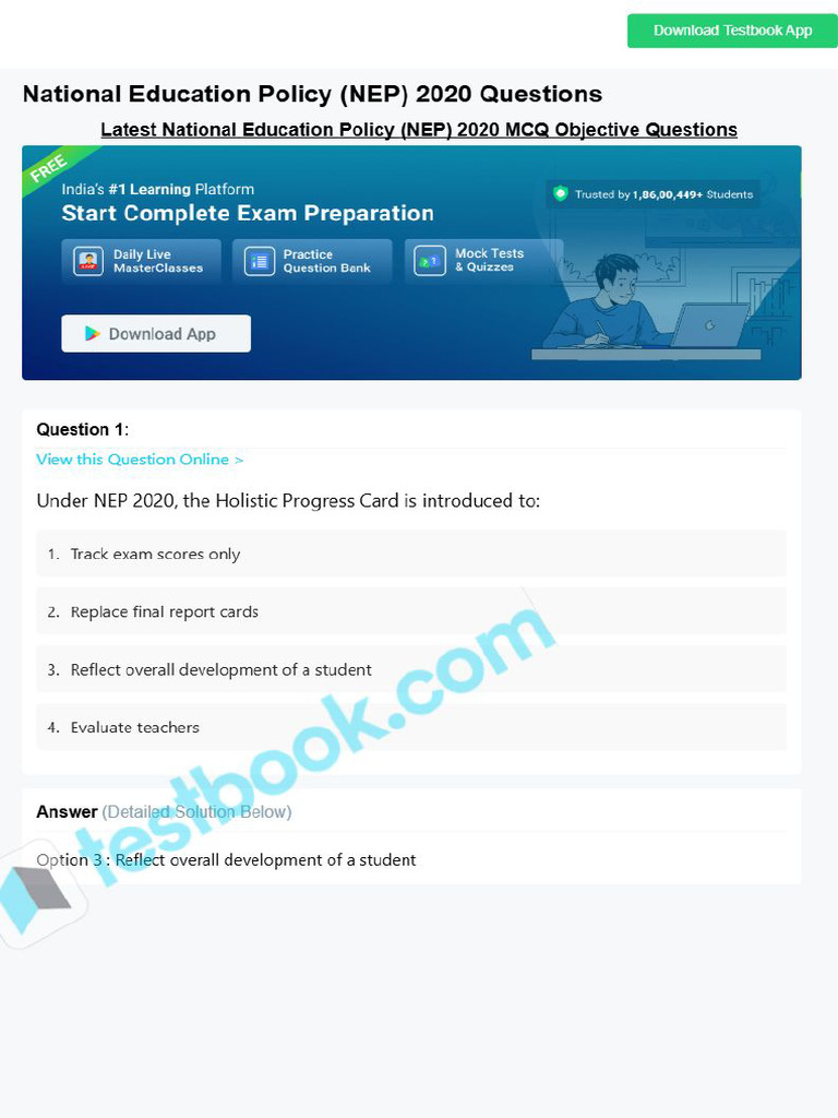MCQ On National Education Policy Nep 2020 621f7275b9516ab546f0b29a | PDF