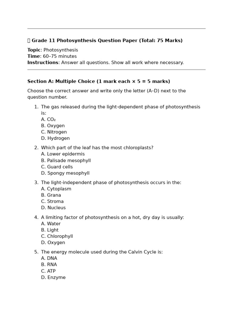 ? Grade 11 Photosynthesis Question Paper | PDF | Photosynthesis ...