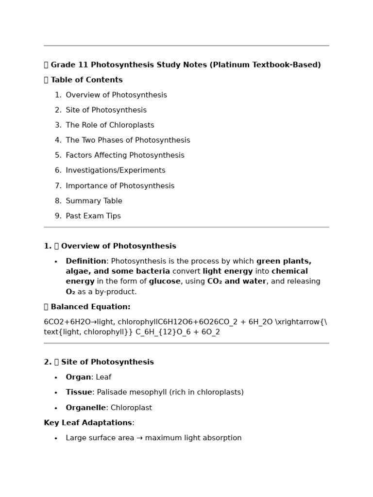 ? Grade 11 Photosynthesis Study Notes - Docx2 | PDF | Photosynthesis ...