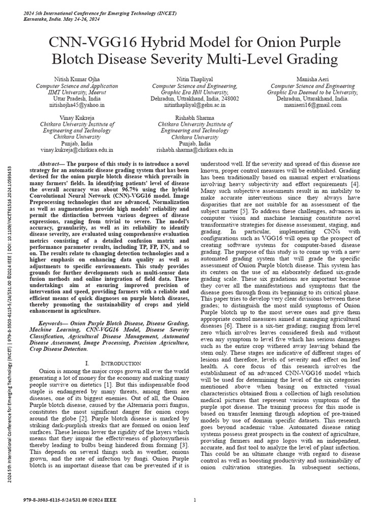 CNN-VGG16 Hybrid Model for Onion Purple Blotch Disease Severity Multi-Level Grading | PDF | Deep ...