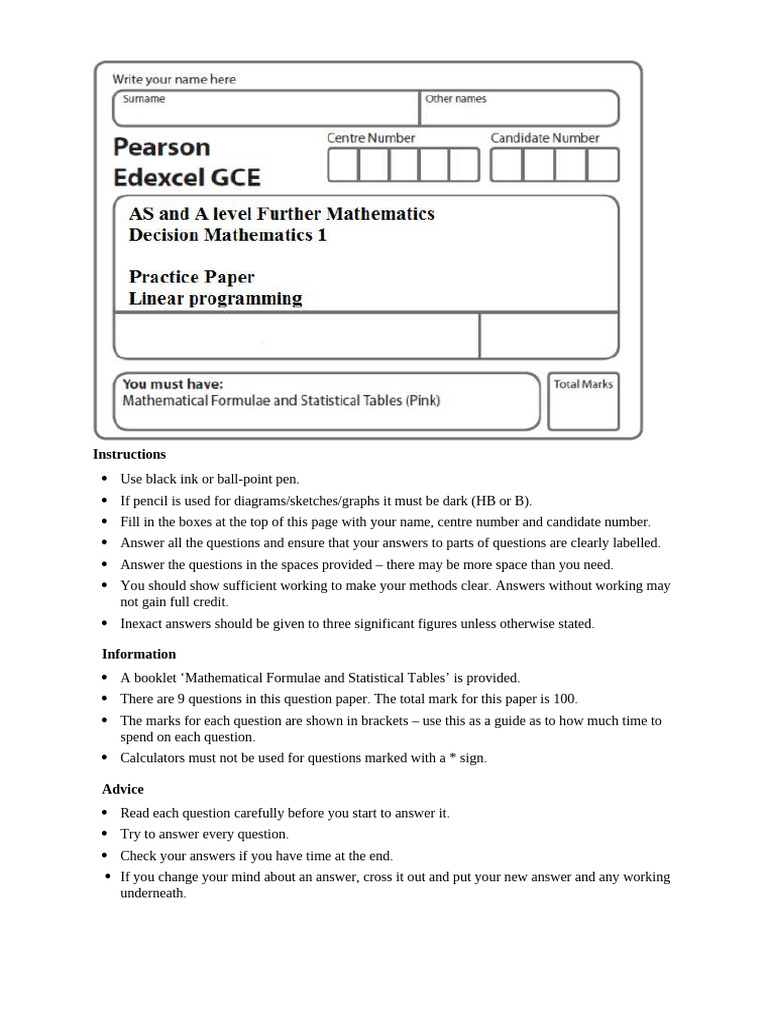 AS Further Mathematics - Practice Paper - Linear Programming | PDF | Linear Programming | Vertex ...
