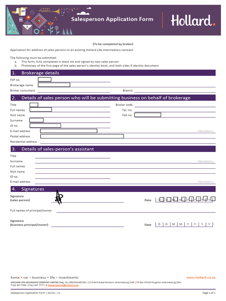Salesperson Application Form for Hollard | PDF