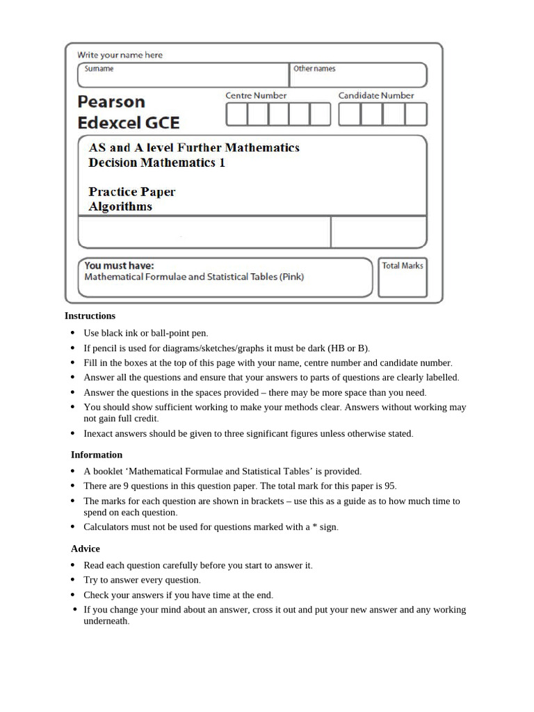 AS Further Mathematics - Practice Paper - Algorithms | PDF | Applied ...