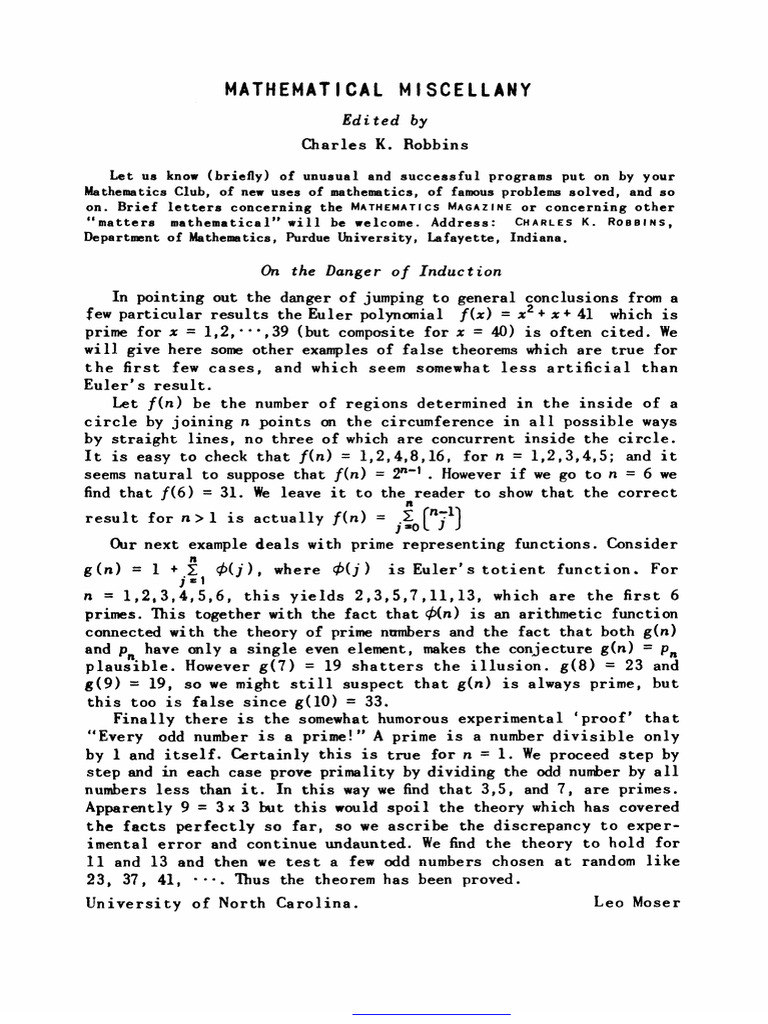 1949 Moser On The Danger of Induction, Mathematical Miscellany | PDF ...