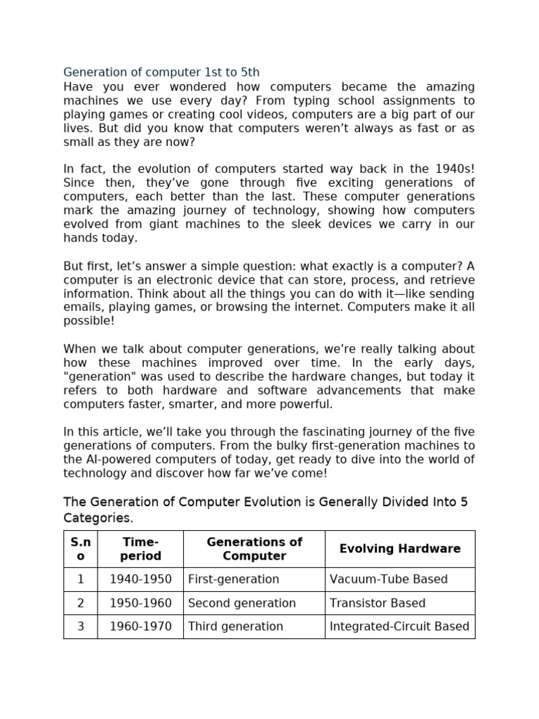 Evolution of Computers: 5 Generations | PDF | Integrated Circuit | Very ...