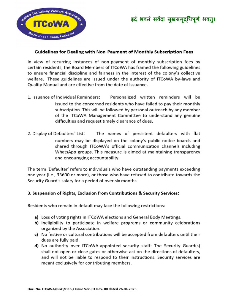 Guidelines For Dealing With Non-Payment of Monthly Subscription Fees | PDF