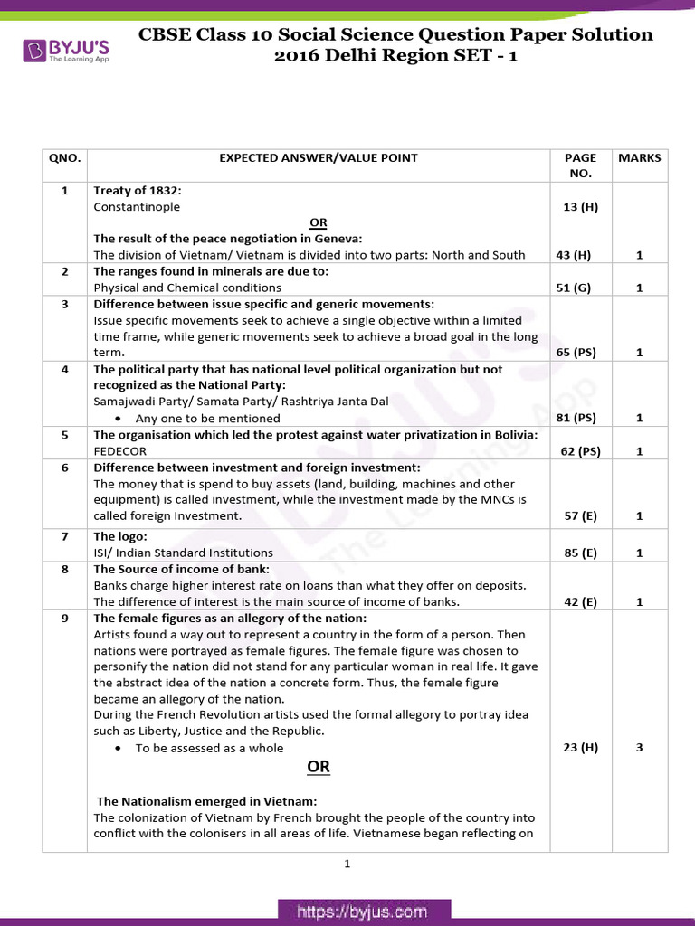 CBSE Class 10 Social Science Question Paper Solution 2016 Delhi Region ...
