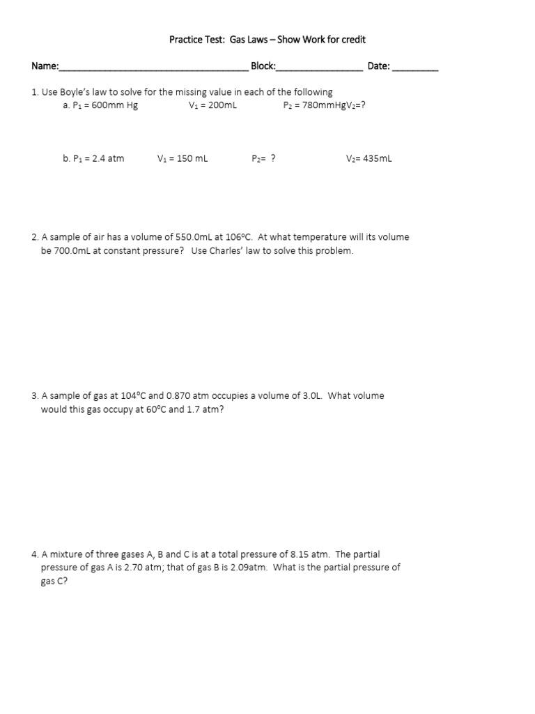 Unit 6 Gases Practice Test | PDF | Gases | Mole (Unit)