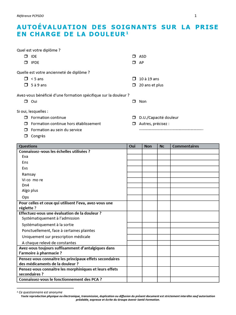 Autoévaluation des Soignants sur la Douleur | PDF