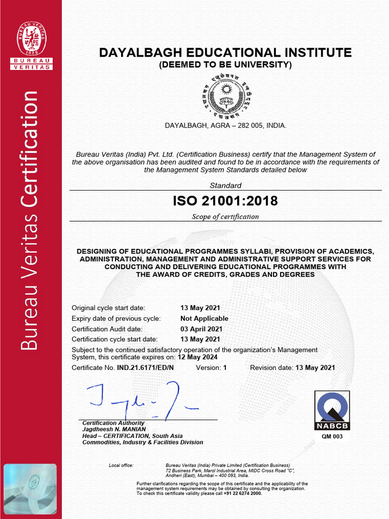 Dayalbagh Institute ISO 21001 Certification | PDF
